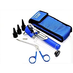 Premium Student Home USE LED Bright Light ENT Diagnostic Otoscope Pocket Size Blue Plus Aligator Ear Nose Forceps Plus 1 Extra Replacement Bulb Plus 10 Specula Cynamed