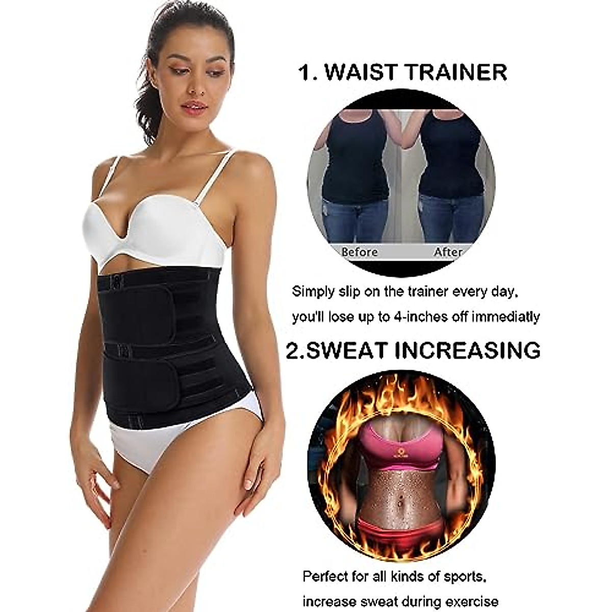 HOPLYNN Sweat Waist Trainer for Women Two Belts, Neoprene Workout Corset Waist Trainer Cincher Trimmer Shaper Zipper Black Small