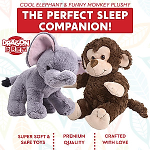 Dragon Drew Elephant and Monkey Stuffed Animals - 2 Soft Plush Animal Toys for Baby, Toddler and Kids - Cute and Cuddly Friends for Boy or Girl - Great Gift for Easter, Christmas, Birthday