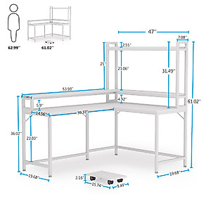 Tribesigns L Shaped Desk with Hutch and Monitor Stand, Corner Computer Desk Home Office Desk with Storage Shelf, Gaming Table Workstation,CPU Stand Included, (White&White)