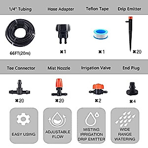 TALEGEN Drip Irrigation System, Drip Irrigation Kit, 66FT 1/4" Blank Distribution Tubing Garden Watering System/Micro DIY Water Saving Automatic Irrigation Set Adjustable Misting Nozzle Emitters for Garden Greenhouse Flower Bed Patio Lawn