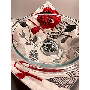 Prettiest Floral Print Microwave Bowl Cozy - 8.5 inches for up to 8 inch bowls - Home Made in Texas, USA (Modern Rosie in White with Red & Black)