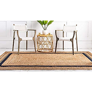 Unique Loom Braided Jute Collection Classic Quality Made Hand Woven with Coastal Design Area Rug, 6 ft x 9 ft, Natural/Navy Blue