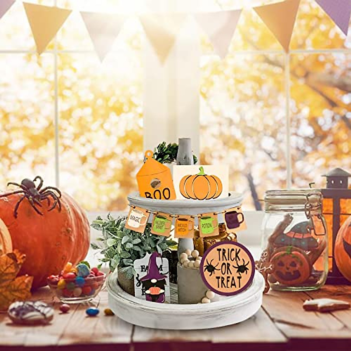 9 Pcs Halloween Tiered Tray Decorations,Halloween Signs for Halloween Home and Office Decor,Halloween Tray Decor with Witch Hat,Ghost,Bat,Tombstone,Pumpkin (4)