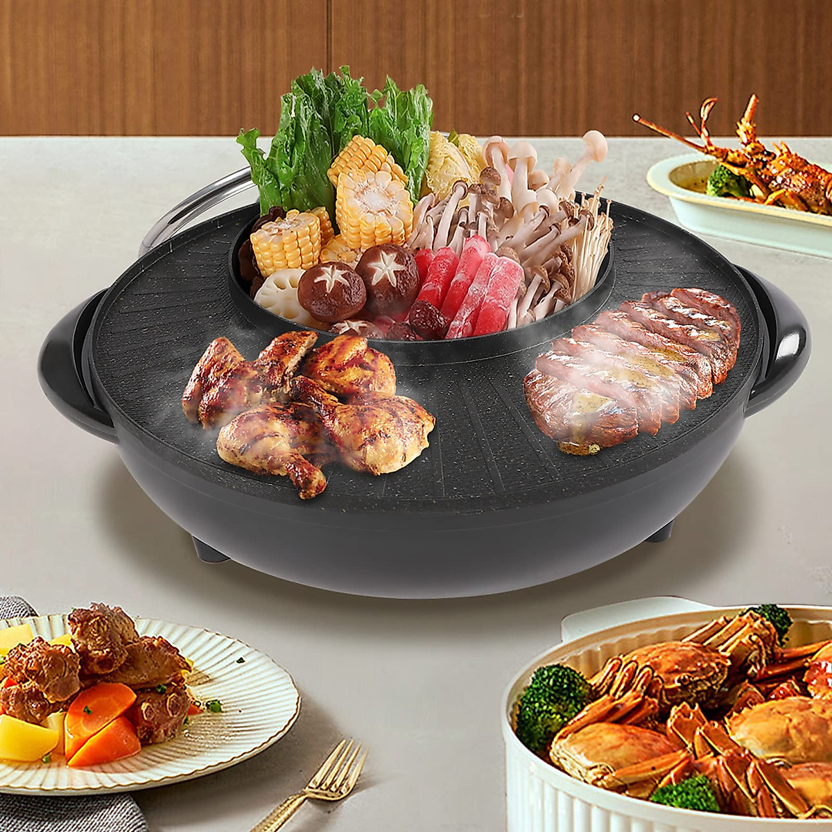 Circular Edition Hotpot Grill Combo Indoor Korean BBQ, Hot Pot and Frying Pan Electric Hot Pot with Divider Large Capacity Portable Grill, for 2-6 People Family and Friends Dinner, Parties, Camping