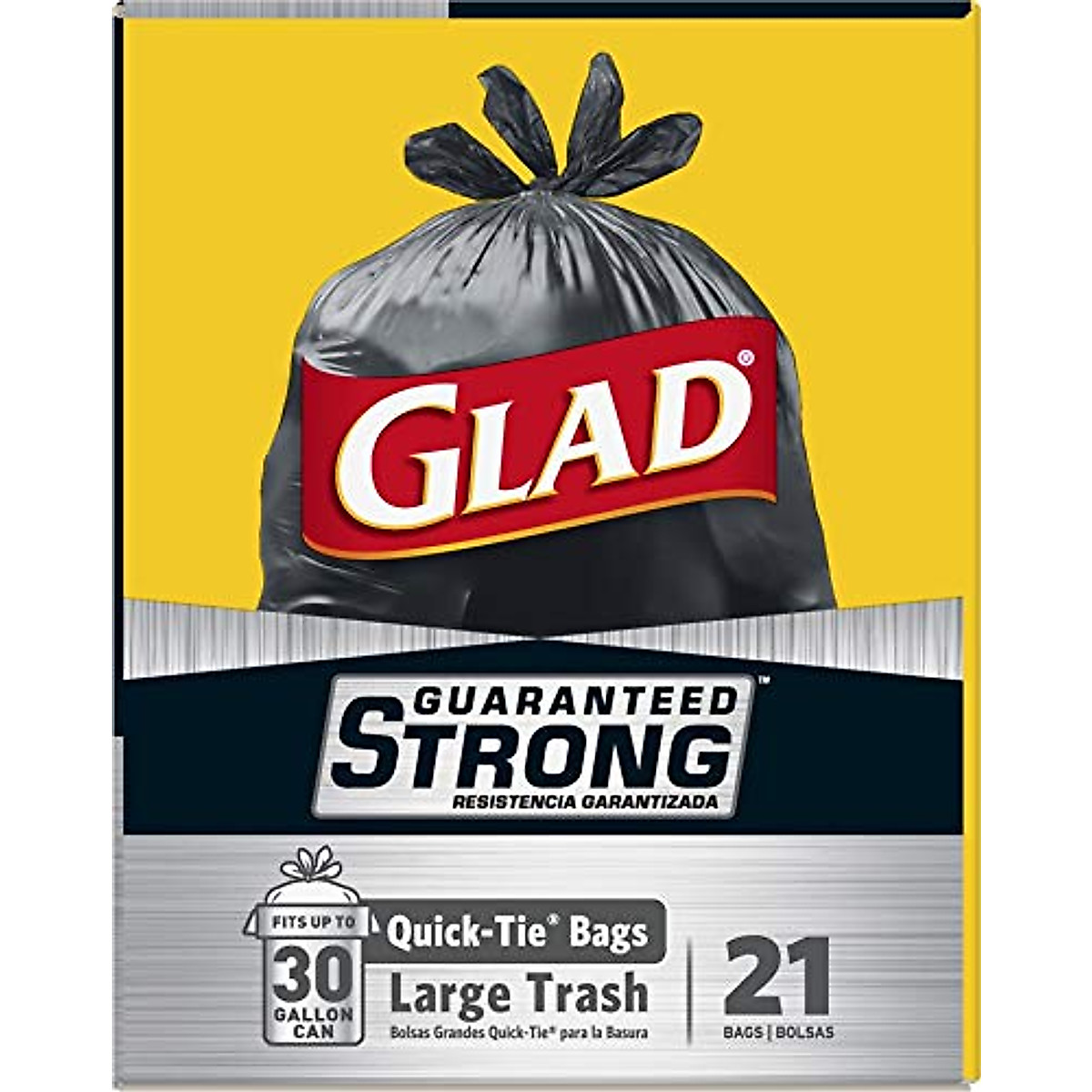 GLAD Strong Quick-Tie Large Trash Bags, 30 Gallon Bags for Large Kitchen Trash Can, 21 Count (Package May Vary)