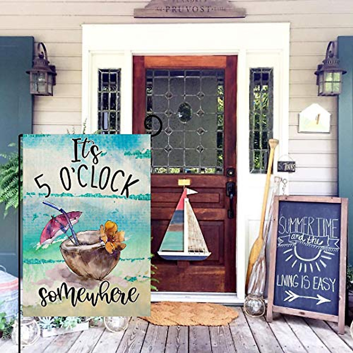 BLKWHT Summer Beach Garden Flag It's 5 O'Clock Somewhere Vertical Double Sided Tropical Fruit Coconut Burlap Yard Outdoor Decor 12.5 x 18 Inches A2152