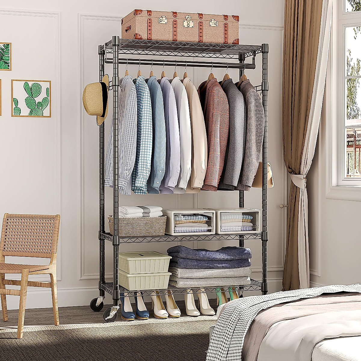 MZG Heavy Duty Rolling Garment Rack 3 Tiers Adjustable Wire Shelving Clothes Rack with Rods and Side Hooks,Storage Closet Clothing Rack with Wheels Black 15.7" D x 29.5" W x 74.5" H