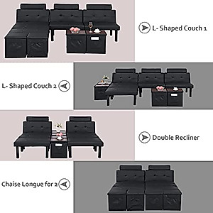 VUYUYU Convertible Futon Couch Bed with Two Storage Ottoman/Coffee Table, Leather Folding Loveseat Sleeper, Small Futon Sofa for Compact Living Space, Apartment, Dorm, Bedroom