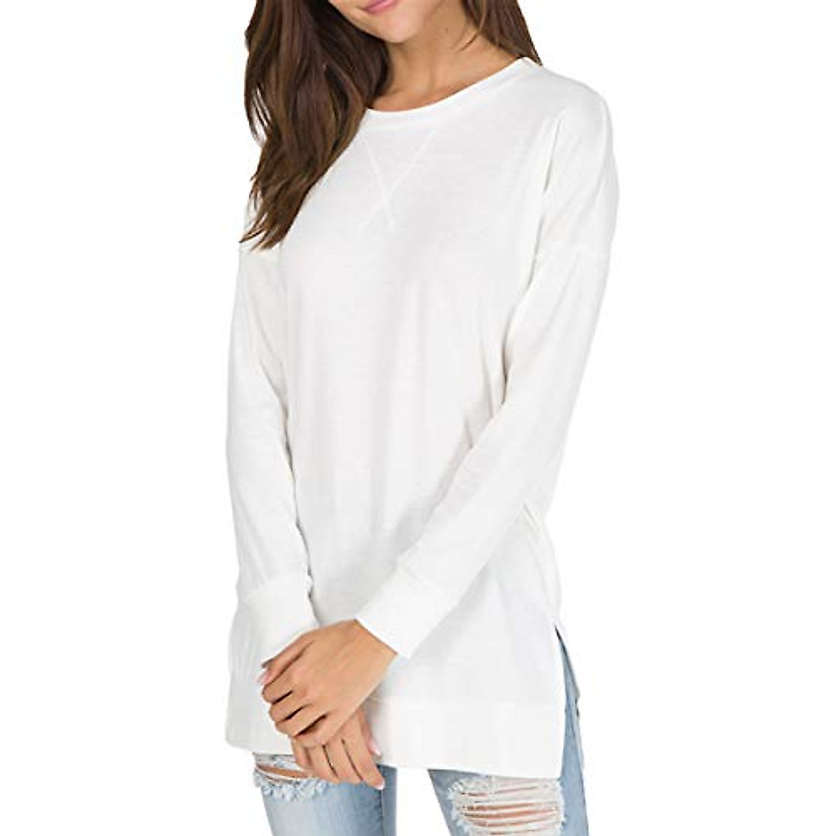 levaca Womens Fall Long Sleeve Sweatshirt Side Split Loose Casual Tunic Tops White L