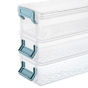 BTSKY Long Plastic Stackable Box Home, Office Supplies Storage Organizer Box Pencil Box Plastic Organizer Holder for Gel Pens Erasers Tape Pens Pencils Markers etc- 3 Pack - Clear with Blue Clip