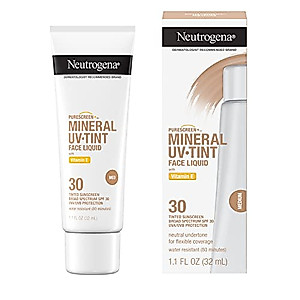 Neutrogena Purescreen+ Tinted Sunscreen for Face with SPF 30, Broad Spectrum Mineral Sunscreen with Zinc Oxide and Vitamin E, Water Resistant, Fragrance Free, Medium, 1.1 fl oz