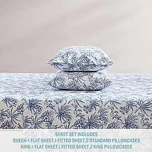 Tommy Bahama - King Sheets, Cotton Percale Bedding Set, Crisp & Cool, Stylish Home Decor (Pen and Ink Palm Blue, King)