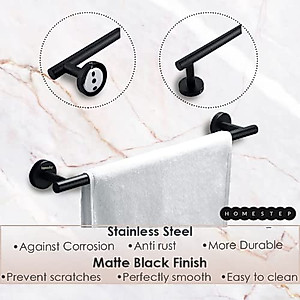 Homestep 5 pcs Bathroom Hardware Set, Stainless Steel Round Wall Mounted Include 20" Bath Towel Bar ,Toilet Paper Holder , Hand Towel Ring , 2 Towel Robe Hooks ,Bathroom Accessories Kit (Matte Black)