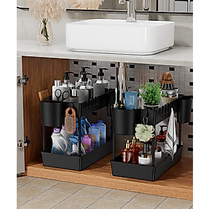 PTOJ Under Sink Organizer, 2 tier Kitchen Under Cabinet Countertop Organizers Storage Rack Basket with 10 Hooks and 4 Hanging Cup for Bathroom,Multi-Purpose Storage Shelf for Kitchen (2)