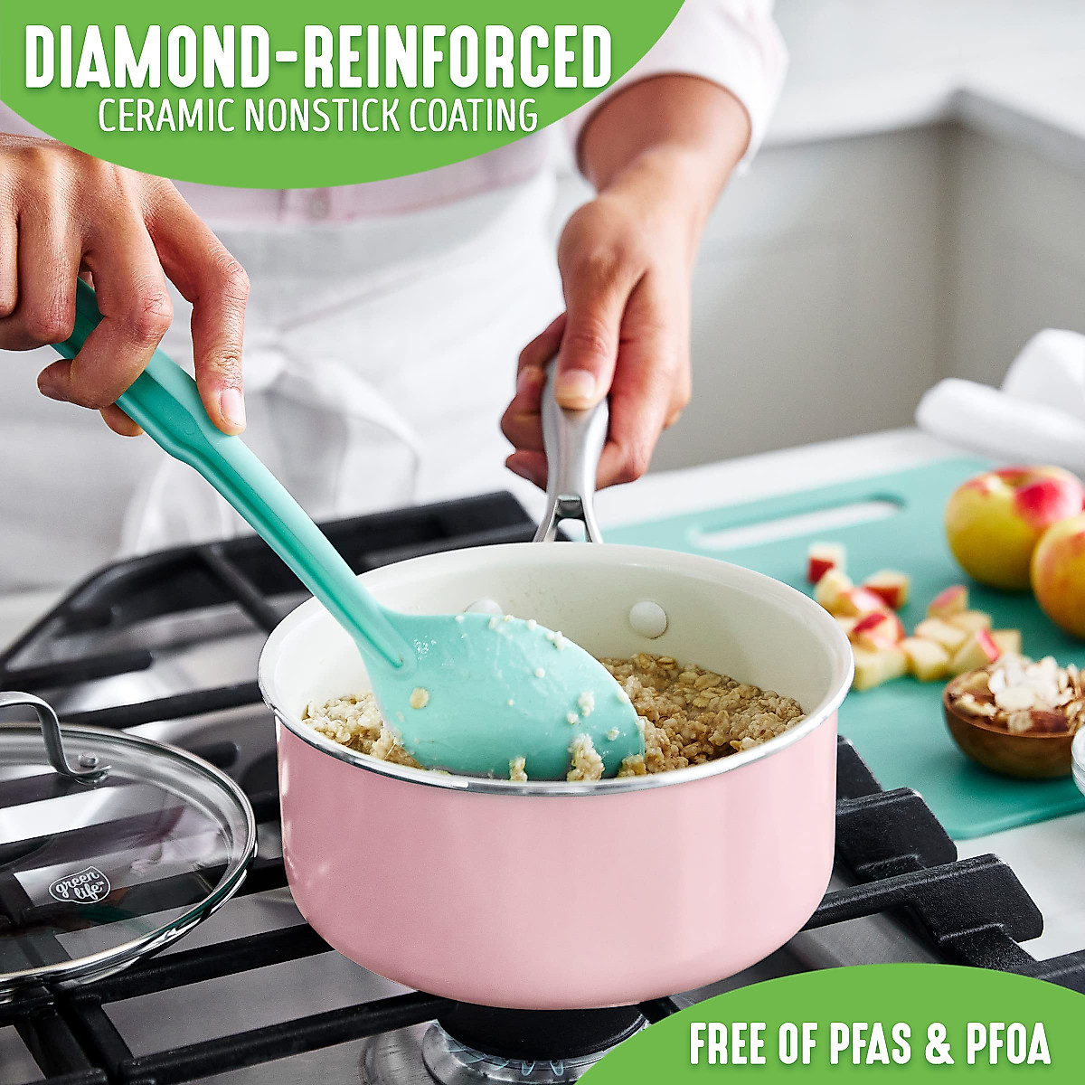 GreenLife Artisan Healthy Ceramic Nonstick, 1QT and 2QT Saucepan Pot Set with Lids, Stainless Steel Handle, Induction, PFAS-Free, Dishwasher Safe, Oven Safe, Pink