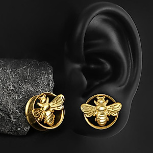 LADEMAYH 2Pcs 00 Gauges for Women, Cute Gold 00g Plugs Gauges for Ears, Bee Design 00g Tunnels Earrings Surgical Steel Gauges Size 00 Gauge Earrings