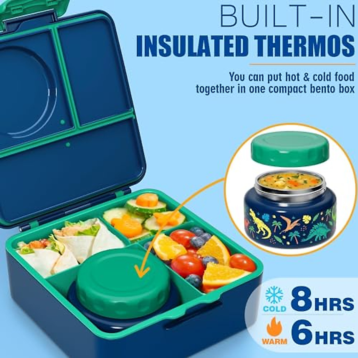 Fimibuke Bento Box for Kids with Thermos, 60OZ Bento Lunch Box Container with Leakproof 8OZ Insulated Food Jar, 3-4 Compartments, Sauce Jar, Utensils for Teens Toddler Adult, BPA-Free, Dishwasher Safe