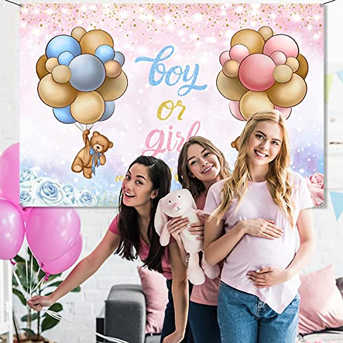 Gender Reveal Decoration- Baby Bear Boy or Girl Backdrop,Bear Baby Shower Pink and Blue Photo Booth Background for Boy Girls Gender Reveal Party Decoration