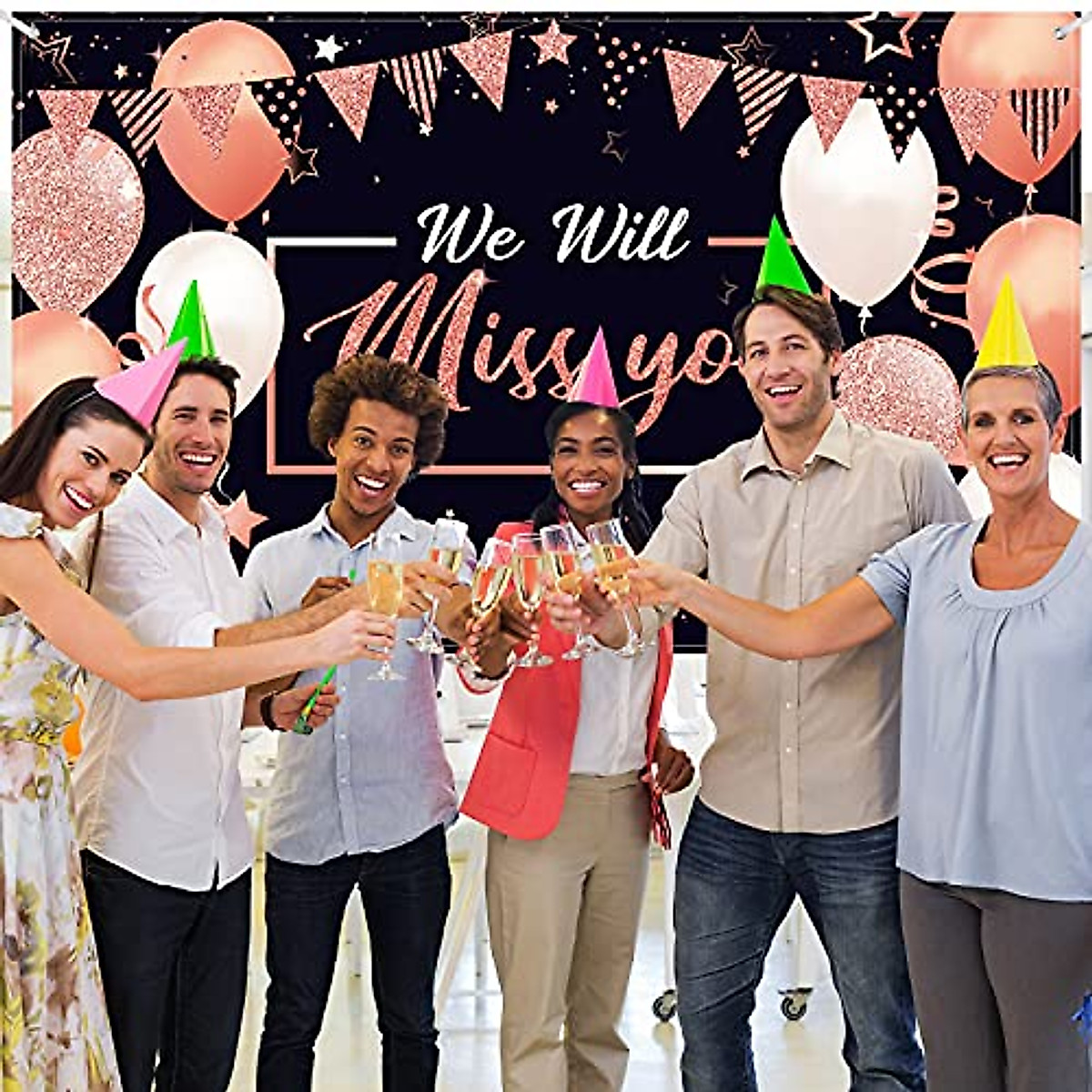 We Will Miss You Party Decorations, Extra Large Going Away Party Backdrop Miss You Photography Background Banner for Farewell Anniversary Retirement Graduation Party, 72.8 x 43.3 Inch (Rose Gold)