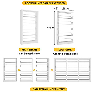 LyAosdFu Heavy Duty Metal Bookshelf, 5 Shelf Adjustable Bookcase, 69’’ Tall Modern Bookshelves, Open Book Shelf Organizer, Large Sturdy Book Case for Living Room, Library, Office, White Book Shelf