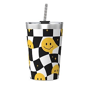 PAYOHTO Funny Melt Smile Faces Geometry Pattern Insulated Stainless Steel Tumbler 12 oz Thermos Come with Straw Kids Leak-Proof Travel Mug Cup