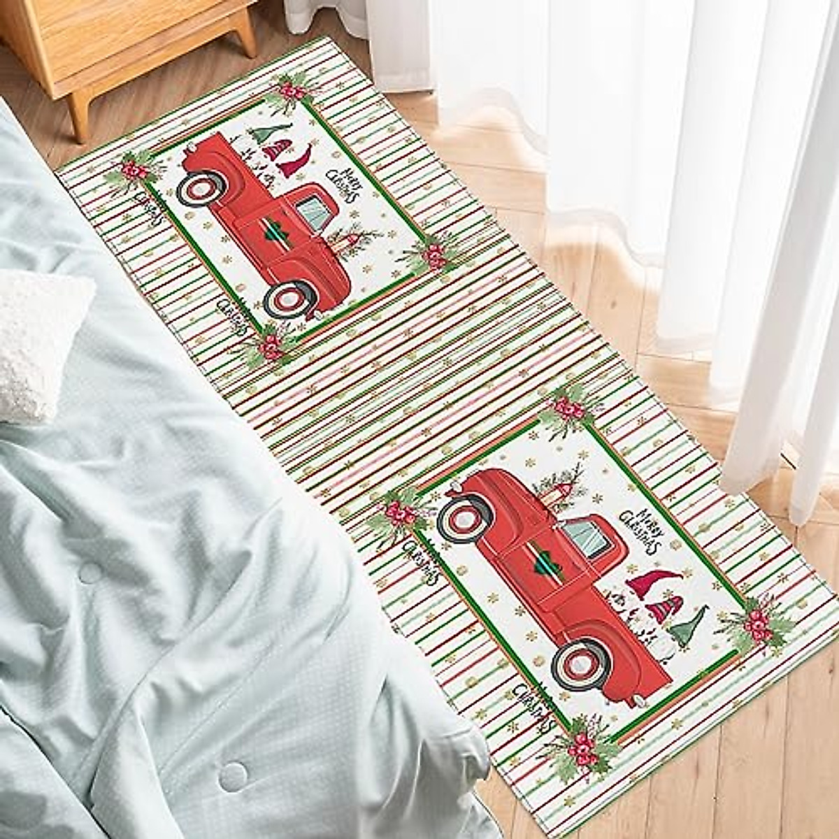 Christmas 2 Pieces Kitchen Rugs and Mats Set, Merry Christmas Red Truck with Gnome Green Stripes Kitchen Mats Cushioned Floormat Non Slip Runner Rug Set for Kitchen Laundry Entryway, 20"x24"+20"x48"