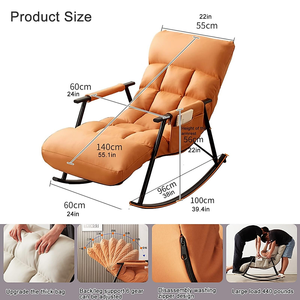 Rocking chair nursery,Metal Rocking Chairs with High Back,440Lbs Support Rocking Chairs,Padded High Back Folding Rocker with Padded Cushion and Headrest Pillow,for Front Porch,Garden,Patio,Backyard (