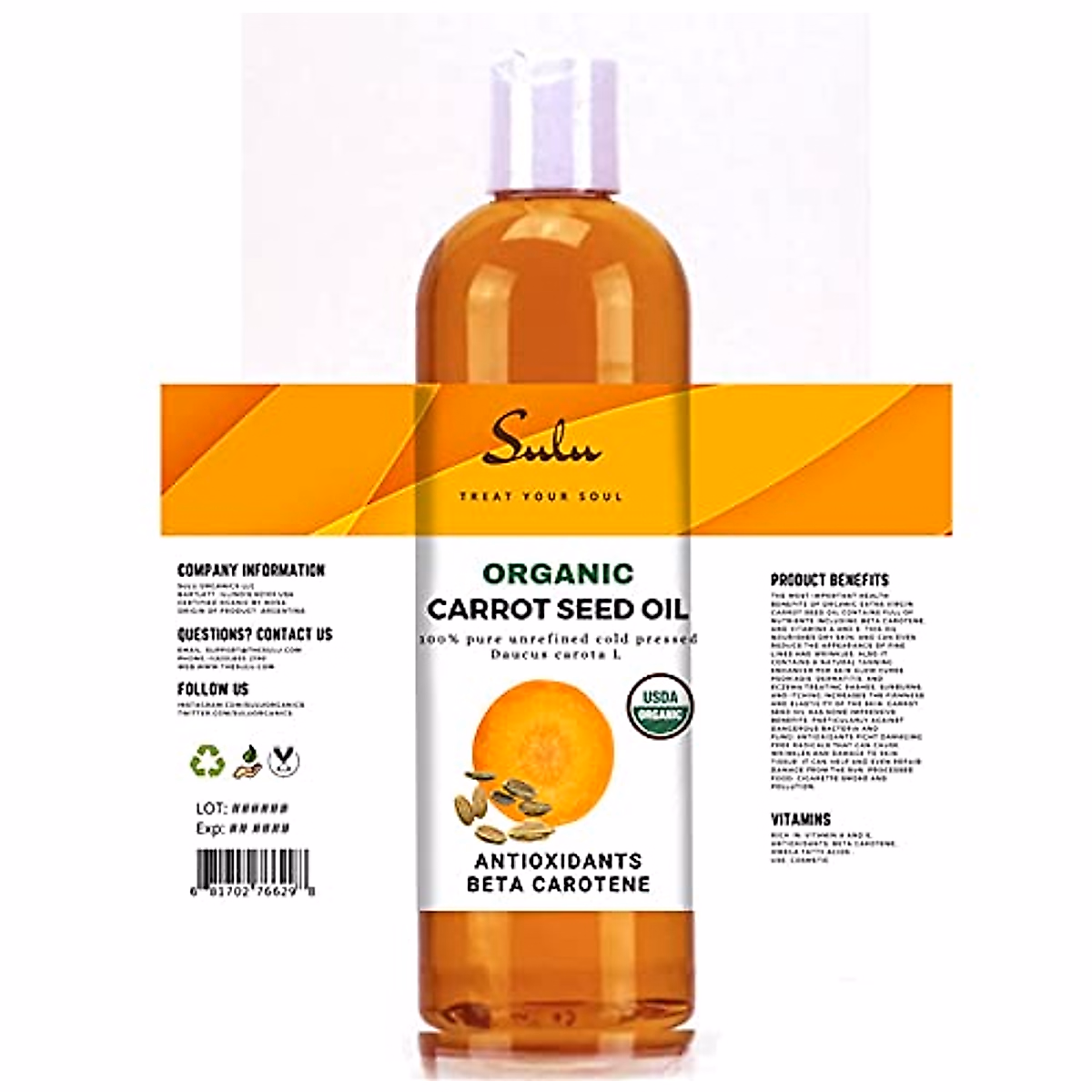 SULU ORGANICS Pure Organic Unrefined Cold Pressed Carrot Seed Oil (8 oz)