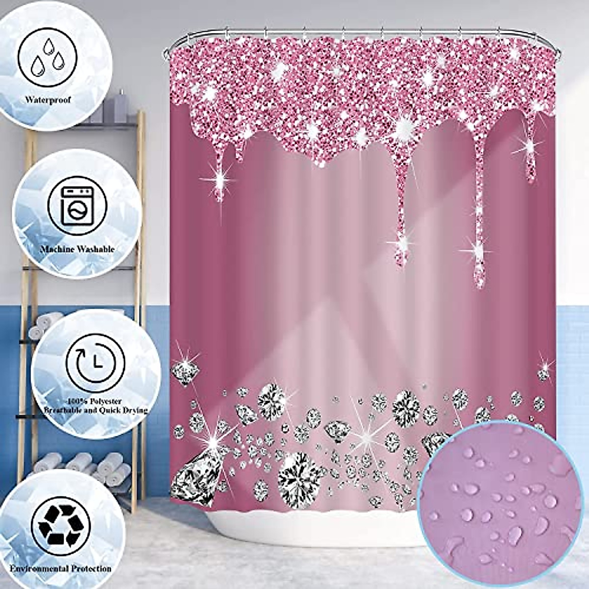 Glitter Diamond Shower Curtain for Bathroom Set Decor with Non-Slip Rugs Bath U-Shaped Mat Toilet Lid Cover Pink Bathroom Curtains Shower Set with 12 Hooks, Glitter Siamond Bathroom Set