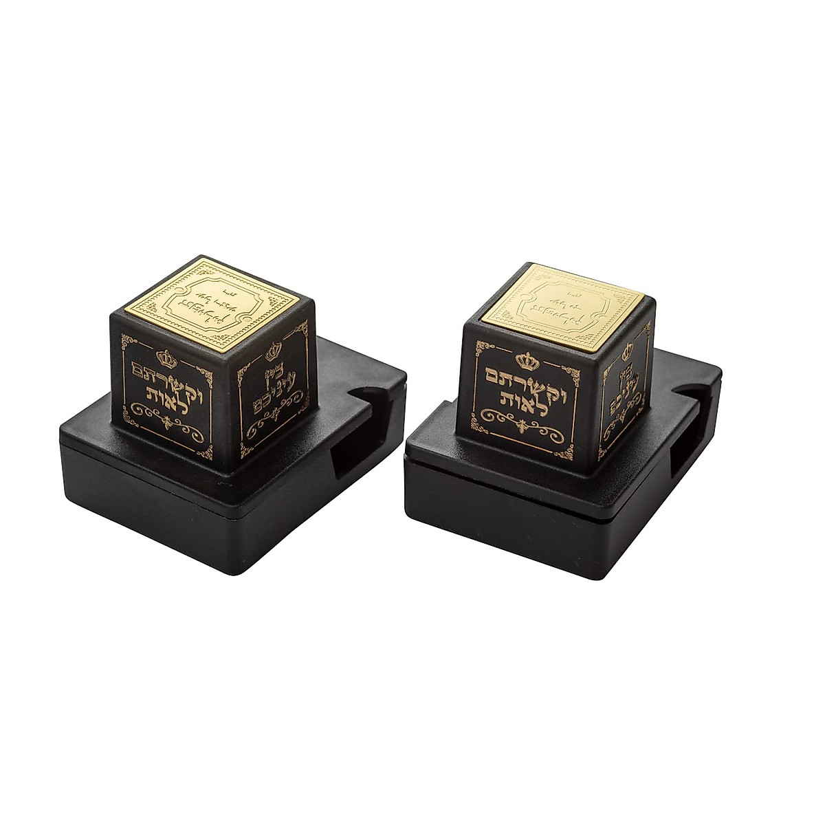 Plastic Tefillin Boxes Case Cover with metal plate on top set of 2 Shel Rosh And Shel Yad For Righty (Black And Gold Rabbeinu Tam, 35)