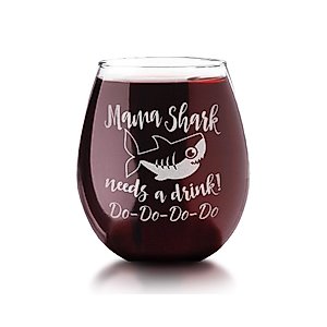 Custom-Engraved-Glasses-by-StockingFactory Mama Shark Needs a Drink Do Do Novelty Stemless Wine Glass First Mother's Day from Daughter, Son Funny Sayings for New Mom, Wife, Baby Shower