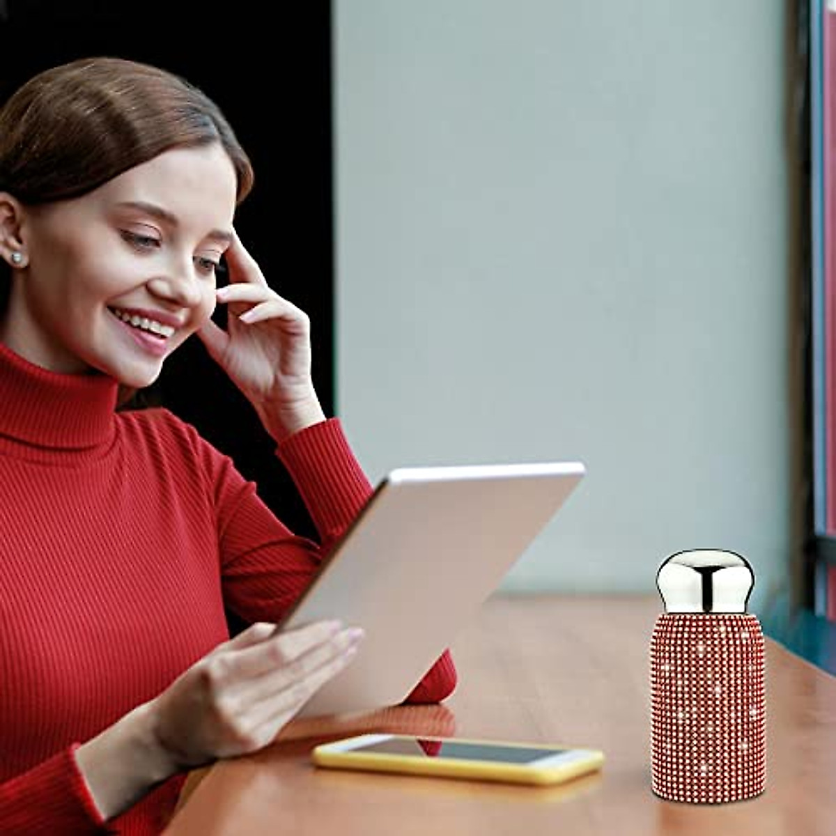 200ml Cute Mini Bling Diamond Water Bottles, Stylish Rhinestone Small Stainless Steel Insulated Water Bottles, Leak-Proof Vacuum Flask Thermal Bottles for Women Girls (Red)