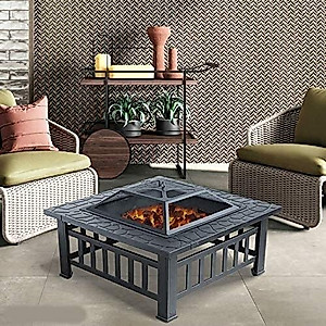 LEAYAN Garden Fire Pit 32in Outdoor Fire Pit Metal Square Firepit Portable Grill Barbecue Rack Wood Burning Backyard Patio Beaches Camping Picnic Bonfire Stove with Cover BBQ Cooking for Backyard