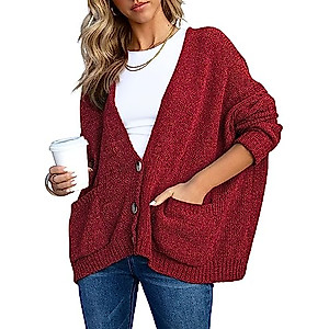 Sidefeel Fall Sweaters for Women 2023 Long Sleeve V Neck Button Bown Open Front Casual Oversized Chunky Knit Pullover Sweaters Medium Burgundy