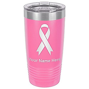 LaserGram 20oz Vacuum Insulated Tumbler Mug, Cancer Awareness Ribbon, Personalized Engraving Included (Pink)