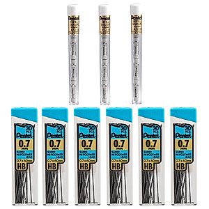 Pentel Eraser and Lead Refill Pack for Mechanical Pencils - Super Hi-polymer Lead Refills Value Pack - 0.7mm 6 Pack of 30 Pieces – Pack of White Eraser Refills 3 Packs of 4 Erasers Each