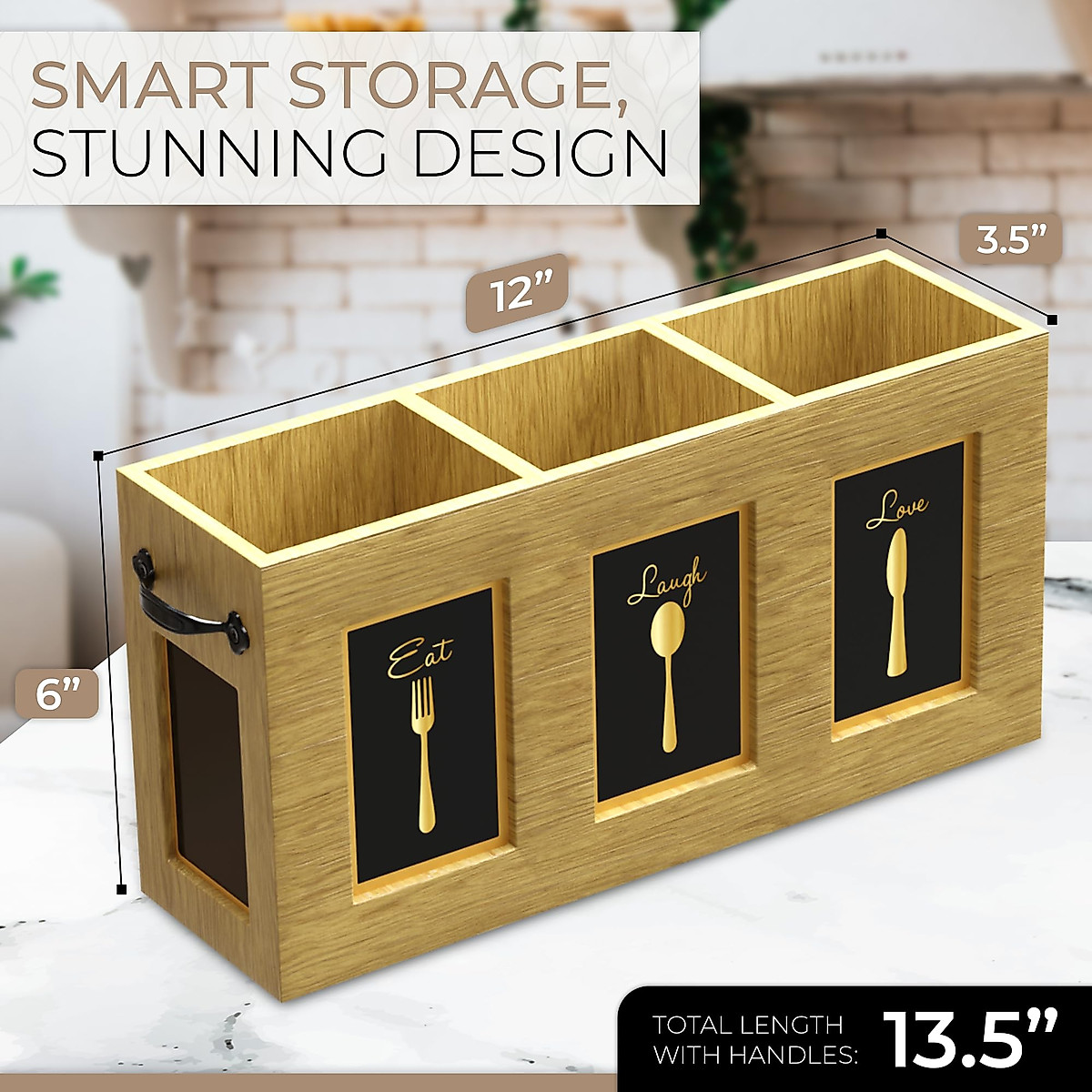 Bamboo Silverware Caddy, Cutlery Holder with Handle - 3 Compartment Utensil Holder and Easy to Clean Spoon Fork Knife Holder - Non-Slip utensil holder for kitchen counter and farmhouse kitchen décor