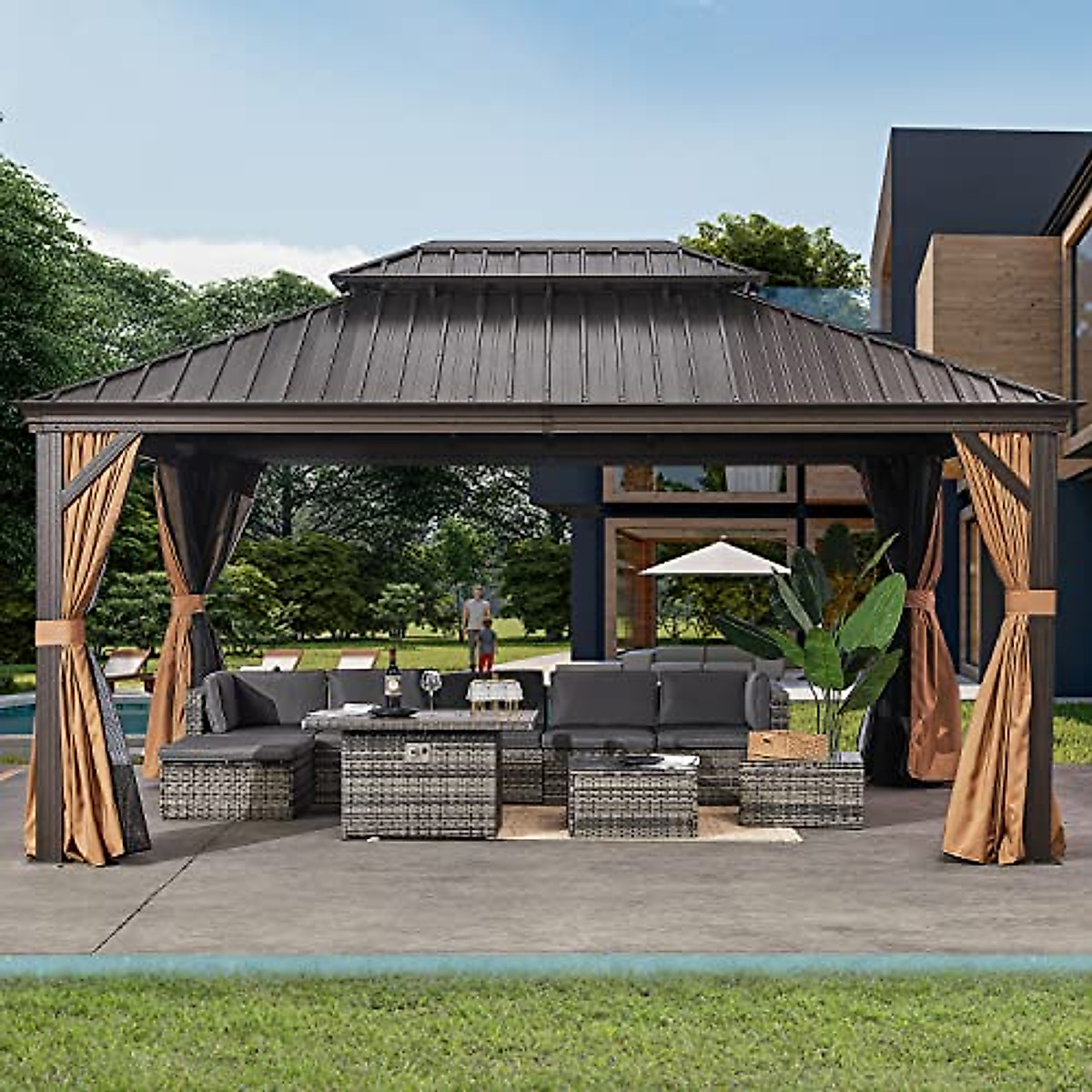 Binplax Outdoor Hardtop Gazebo Polycarbonate Double Roof Canopy Curtains Aluminum Frame with Netting for Garden, Patio (Metal Top, 12 * 16')