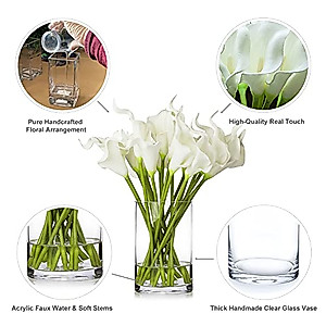 ENOVA FLORAL 20 Pieces Real Touch Lilies Artificial Flowers with Vase, Faux Calla Lily Flowers Arrangement with Faux Water in Glass Vase for Dining Table Decor, Wedding Centerpieces (White)