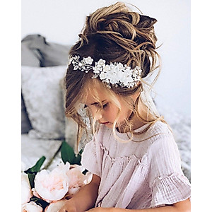 SWEETV Flower Girl Headpiece Ivory Tulle Flowers Wedding Headband for Girls, Princess Pearl Hair Accessories for Birthday Party, First Communion