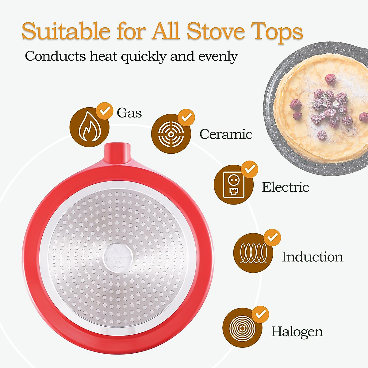 ROSSETTO Non-Stick Crepes Pan from France, Red 11in Ceramic Coating Pancake Skillet with Spreader, PFOA and PTFE-Free, Compatible with All Stovetops, for pancakes, eggs, omlets, quesadillas,tortillas