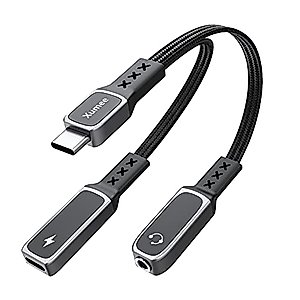 Xumee USB C to 3.5mm Audio Adapter and Charger, 2-in-1 USB-C Splitter Aux and Charging, Type C Headphones Jack Dongle Compatible with iPhone 15/15 Pro Max, Galaxy S23 S22 S21 S20 S20+ (Grey)