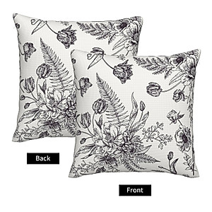 ChangQingArt Floral Pattern Bouquets of Spring Flowers Black and White Cotton Linen Square Throw Waist Pillow Case Decorative Cushion Cover Pillowcase Sofa 20"x 20"