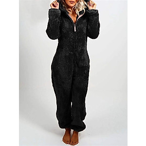 chouyatou Women's Ultra Comfy Lounge Furry Sherpa Romper Onesie Pajamas Cute Ear Hood (Large, Black)