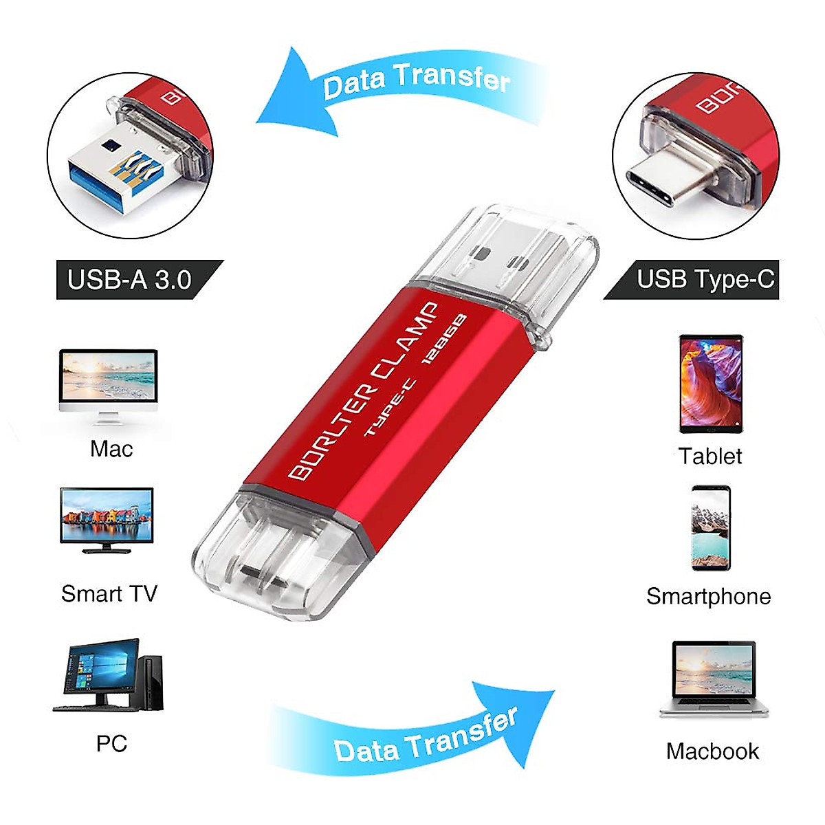128GB USB Type-C Flash Drive 3.0 Dual Drive, BorlterClamp USB C Memory Stick OTG Thumb Drives for Android Smartphones Samsung Galaxy S10/S9/S8/Note 9, LG, Google Pixel, PC (Red)