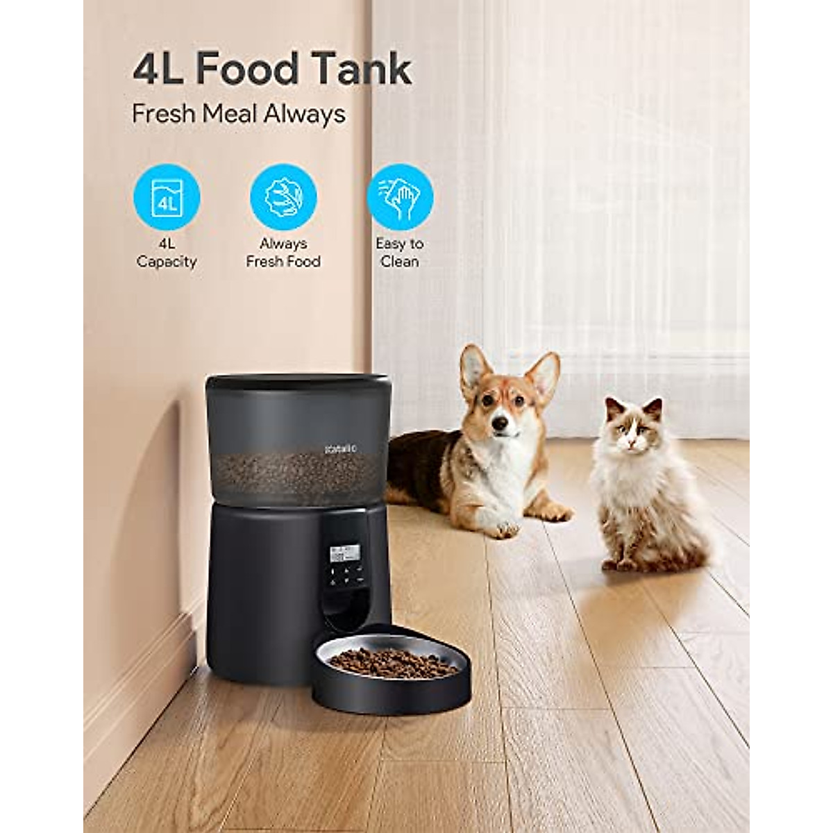 Automatic Cat Feeders,Katalic Clog-Free 4L Cat Food Dispenser with Sliding Lock Lid Storage Timed Feeder for Cat and Dogs with Voice Recorder, Programmable Meal & Portion Automatic Feeder (Gray black)