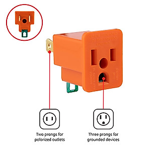 GE Polarized Grounding Outlet Extender, 2 Pack, Turn 2-Prong into 3, Easy to Install, Indoor, UL Listed, Orange, 14404