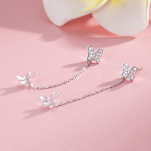 Reffeer 925 Sterling Silver Double Holes CZ Butterfly Chain Stud Earrings Two Butterfly Cuff Climber Earrings for Women Teen (Silver)
