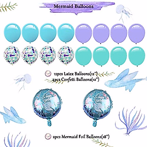 Mermaid Party Supplies,Girls Birthday Party Decorations, Contain a Mermaid Banner, 9 Tissue Pom Poms, 2 Foil Curtains, 12 Cupcake Toppers and Balloons, Great for Girls Birthday Party